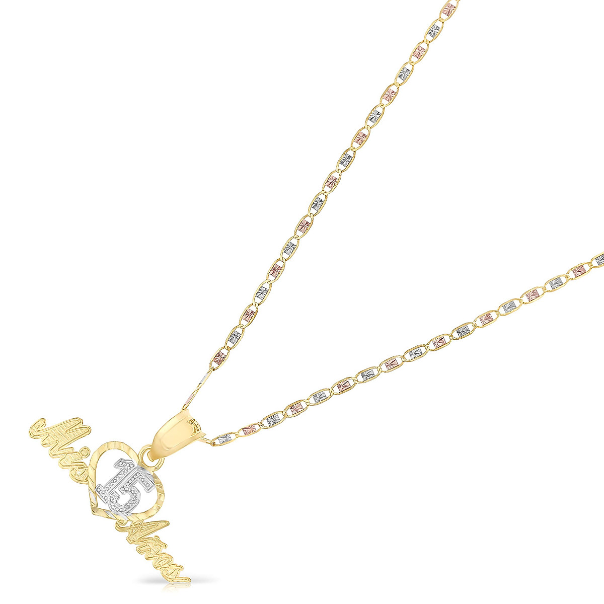 14K Two Tone Gold Sweet 15 Years Quinceanera Heart Mis 15 Anos Charm Pendant with 1.5mm Valentino Chain Necklace - 22"