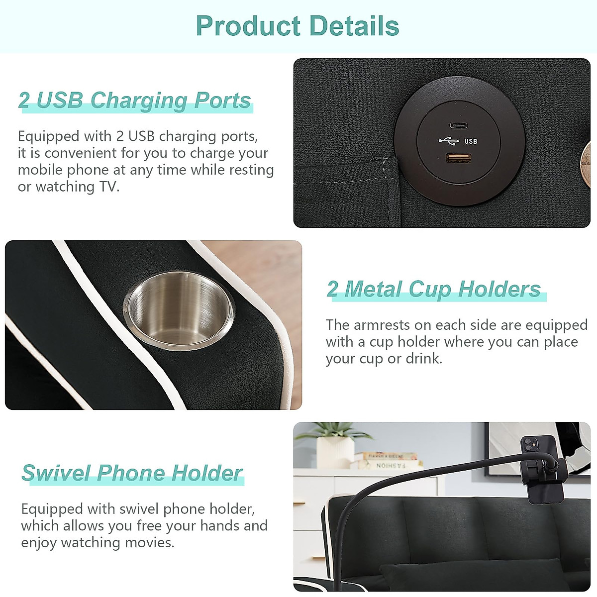 Lakifun Convertible Sleeper Sofa Bed, Modern Velvet Loveseat w/Pull Out Couch, 54.7" Loveseats Sofa w/Adjsutable Backrest, Cup Holders and USB Port, Swivel Phone Stand,Black