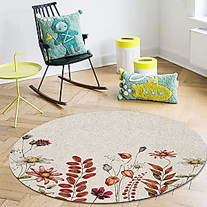 Large Round Area Rug for Living Room Bedroom, 4ft Non-Slip Rugs for Kids Room, Thanksgiving Fall Farmhouse Wild Flowers Retro Linen Washable Carpet Floor Mat for Home Nursery Room Decor