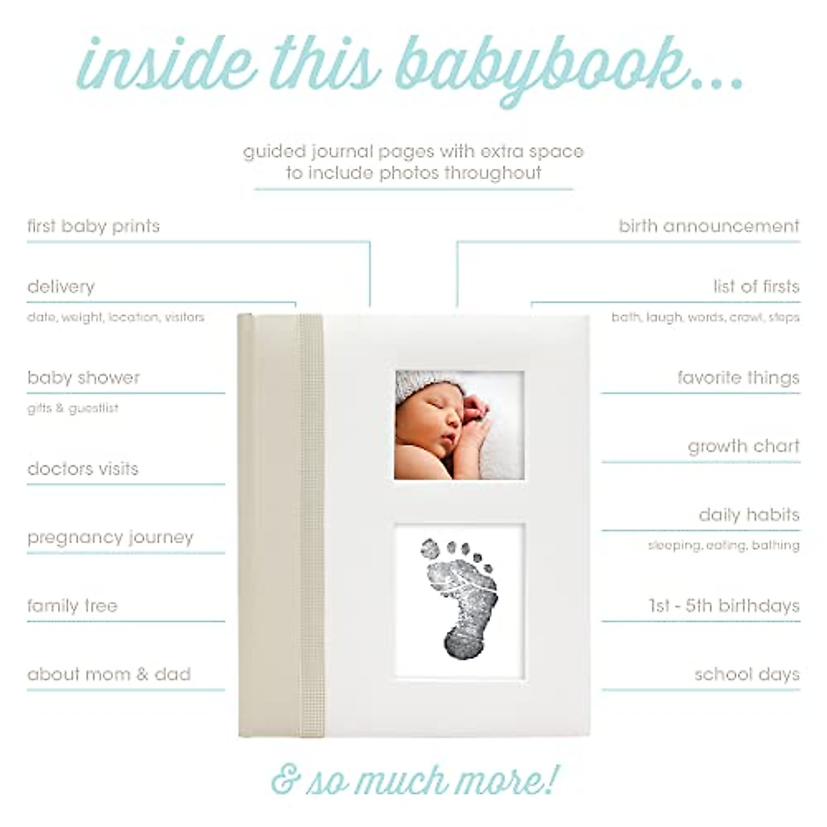 Pearhead First 5 Years Baby Memory Book With Clean-Touch Baby Safe Ink Pad To Make Baby’s Hand Or Footprint Included, Gender Neutral Registry Gift, Ivory Classic