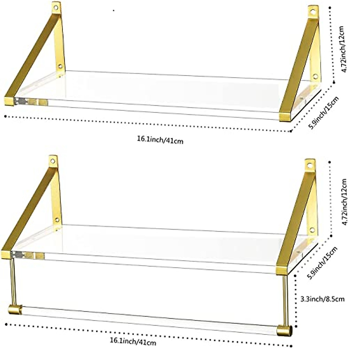 KDCMXS Sturdy Crystal-Clear Acrylic Shelves 10mm(0.4inch) Thickness,Gold Shelves,Gold Wall Shelf,Gold Floating Shelves for Thick Acrylic Bathroom Shelves with Towel Bar Set of 2.