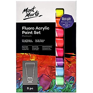 Mont Marte Fluoro Acrylic Paint Set, 8 x 1.02oz (36ml) Tubes, 8 Colors, Suitable for Most Surfaces Including Canvas, Card, Paper and Wood