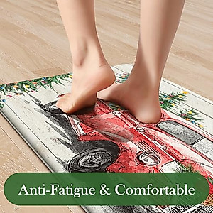 KIMODE Christmas Kitchen Rugs Set of 2,Red Truck Xmas Tree Kitchen Rugs and Mats,Anti Fatigue Non Slip Kitchen Floor Mat,Farmhouse Comfort Standing Mat,Christmas Decorations for Home Kitchen