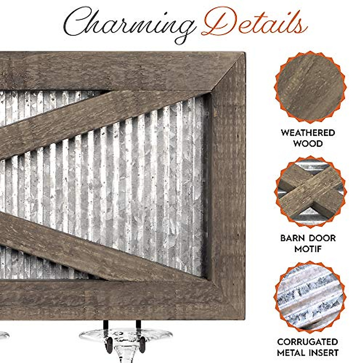 Autumn Alley Rustic Barn Door Wine Rack with Glass Storage - Country Home Decor Rustic Farmhouse for Kitchen, Dining Room – Wood and Metal Wine Wall Mount Storage – Holds 5 Bottles, 4 Stemmed Glasses