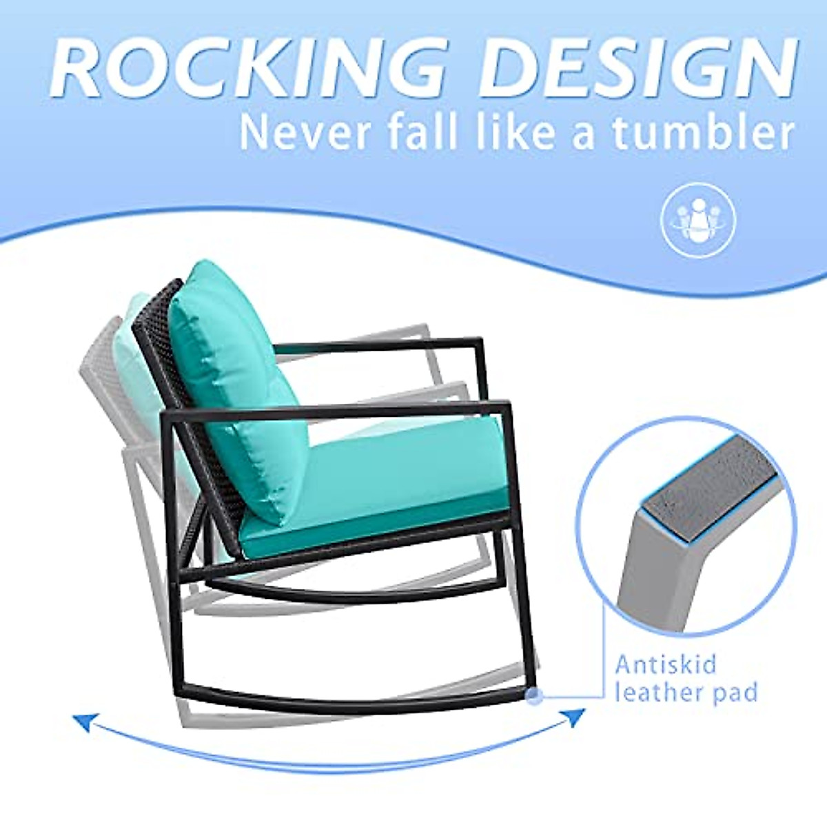 Greesum 3 Pieces Rocking Wicker Bistro Set, Patio Outdoor Furniture Conversation Sets with Porch Chairs and Glass Coffee Table, Blue