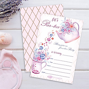 Tea Party Birthday Invitations, Par-tea Birthday Party Invites Decorations, Kids Adults Birthday Party and Events Supplies, 20 Fill-in Invites Cards with Matching Envelopes（YQK-038）