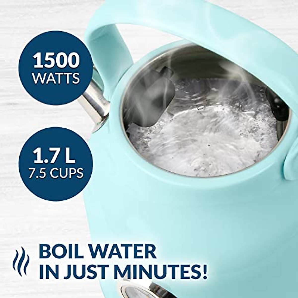 Nostalgia Retro Stainless Steel Electric Tea and Water Kettle, 1.7 Liters, Auto-Shut Off & Boil-Dry Protection, Water Level Indicator Window, Aqua