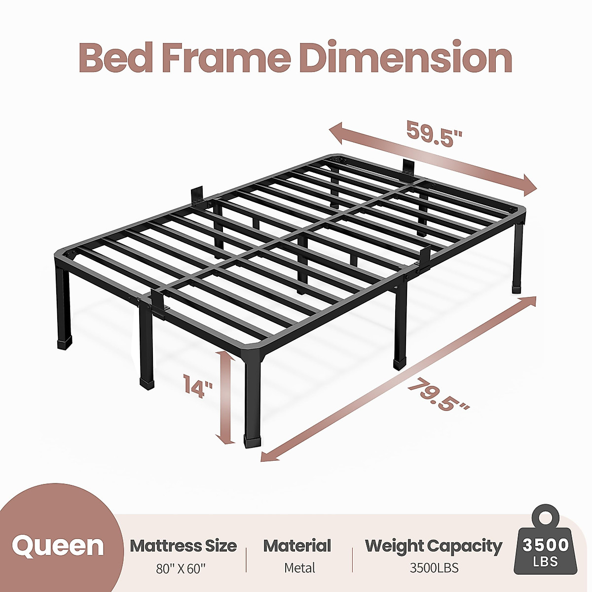 ROIL 14 Inch Queen Size Bed Frame with Mattress Slide Stopper - Double Black Basic Anti Squeak Steel Slats Metal Platform, Heavy Duty Noise Free Easy Assembly Bedframes, No Box Spring Needed