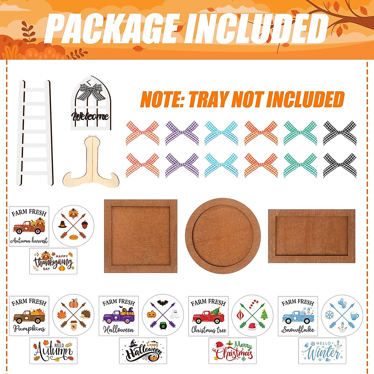 Bokon 30 Pcs Tiered Tray Decor Set for Christmas Winter Interchangeable Farmhouse Tiered Tray Decorations with Wood Frames Thanksgiving Halloween Fall Seasonal Wooden Sign for Holiday Table Home Decor