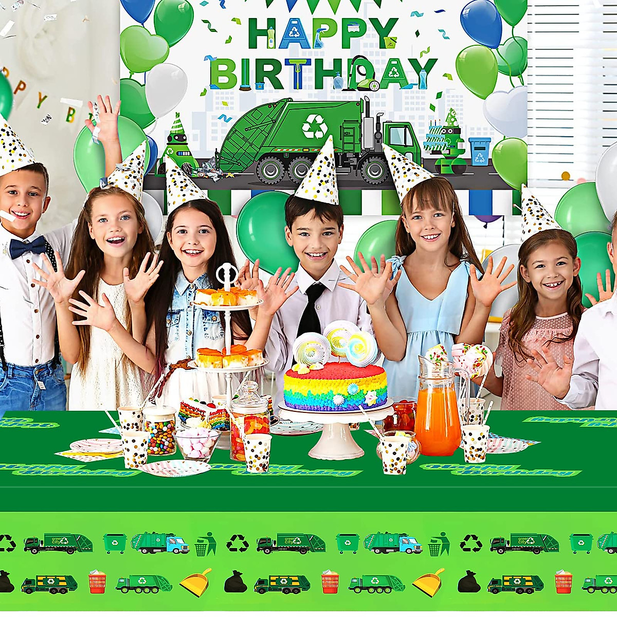 PHOGARY 2 Pack Garbage Truck Tablecloths for Garbage Truck Birthday Party Supplies, Trash Truck Party Table Cover Disposable Plastic Rectangle Table Cloth for Kids Birthday Baby Shower 51" X 86"