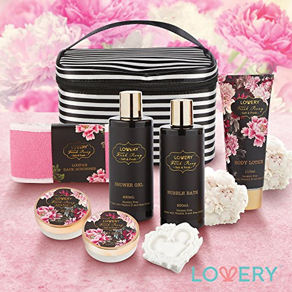 Valentines Day Home Spa Gift Basket, 8pc Bath & Body Set For Women and Men, Fresh Peony Scent - Contains Shower Gel, Bubble Bath, Lotion, Bath Salt, Body Scrub, Bath Soap, Back Scrubber & Cosmetic Bag