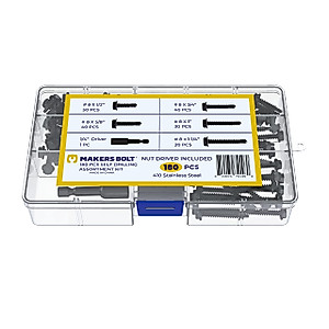 Self Tapping Screws for Metal, Assortment Pack with Driver (180 pcs) Black Oxide 410 Stainless Steel, 8 Diameter, 1/2" to 1-1/4" Length