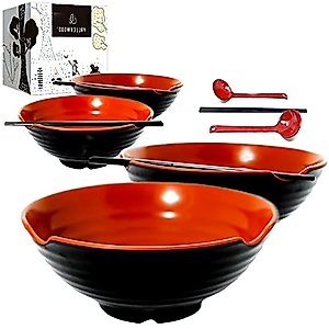 VALLENWOOD 4 XL bowl set, 12 Pieces Ramen Bowl Set, Asian Japanese soup with Spoons and Chopsticks. Restaurant Quality Melamine, Large 52 oz for Noodles, Pho, Udon, Thai, Chinese dinnerware, 9 inch…