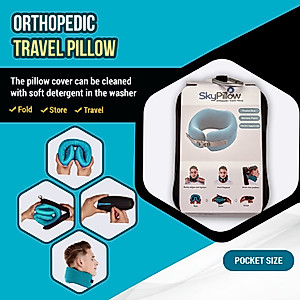 Orthopedic Neck Travel Pillow by Skypillow, Securely Supports Neck to Prevent Neck Cramps and Pain. Patented Memory Foam Pillow, Removable Washable Cover, Includes Carrying Case (Small)