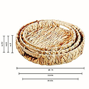 ZKZNsmart Set of 3 Grass Weaving Tray，Hand-Weaving Natural Water Hyacinth Storage Baskets,Wicker Serving Trays with Built-in Handles, Grass Storage Bins for Fruit,Arts and Crafts.
