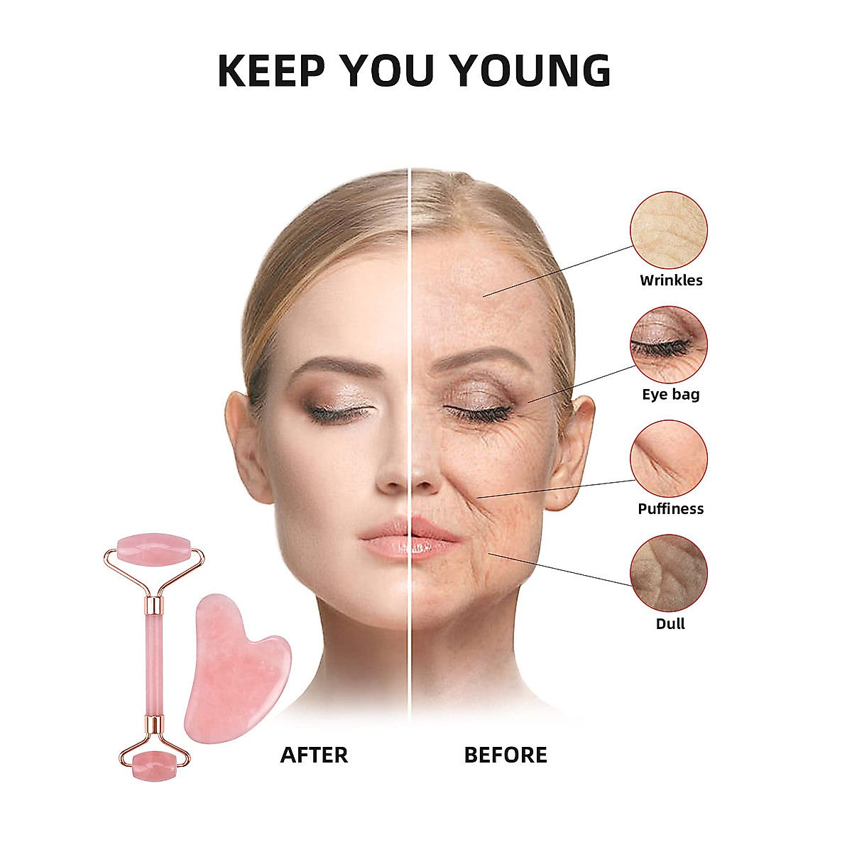 ideayard Face Roller and Gua Sha Set - Jade Roller Anti Aging Massager Tool - Natural Jade Roller for Face and GuaSha Stone for Body - Beauty Roller Skin Care Tools Kit for Slimming & Firming（Pink）