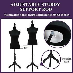 Mannequin Female Mannequin Torso Dress Form 50"-63" for Display Women Mannequin Body Height Adjustable for Sewing Wooden Tripod Base,Foam Body(Black)