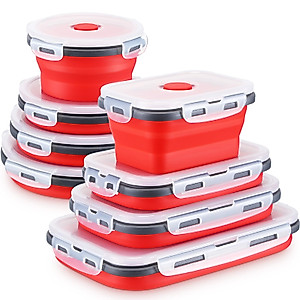Dandat 16 Pcs Collapsible Food Storage, Silicone Food Storage Containers with Lids Including 8 Round Bowls, 8 Rectangle Bowls Collapsible Freezer Bowls Sets for Dishwasher Freezer Safe (Red)