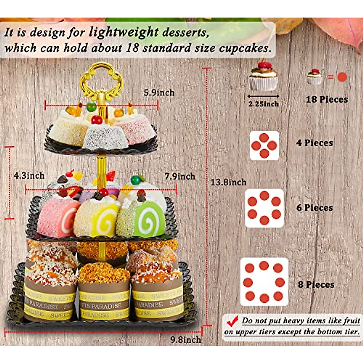 Dessert Table Display Set, Cupcake Stand, Yuugitil Black Gold 3 Tier Serving Tray, Classic Square Cupcake Holder Perfect for Wedding/Engagement Party/Birthday/Baby Shower/Graduation Decorations