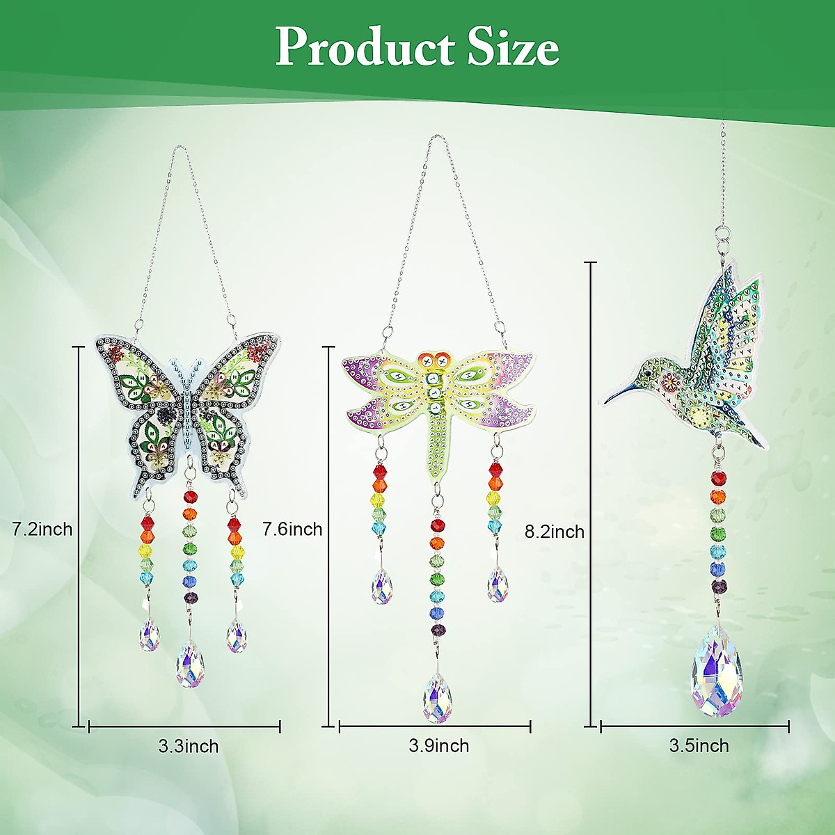 3 Pieces DIY Diamond Painting Suncatcher Wind Chimes, 5D Double Sided Hanging Diamond Art Wind Chime Painting Ornaments with Crystal Pendant for Home Garden Decoration Adults Kids Gift