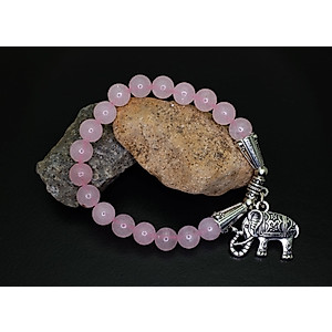 Falari Elephant Lucky Charm Natural Stone Bracelet Rose Quartz B2448-RQ
