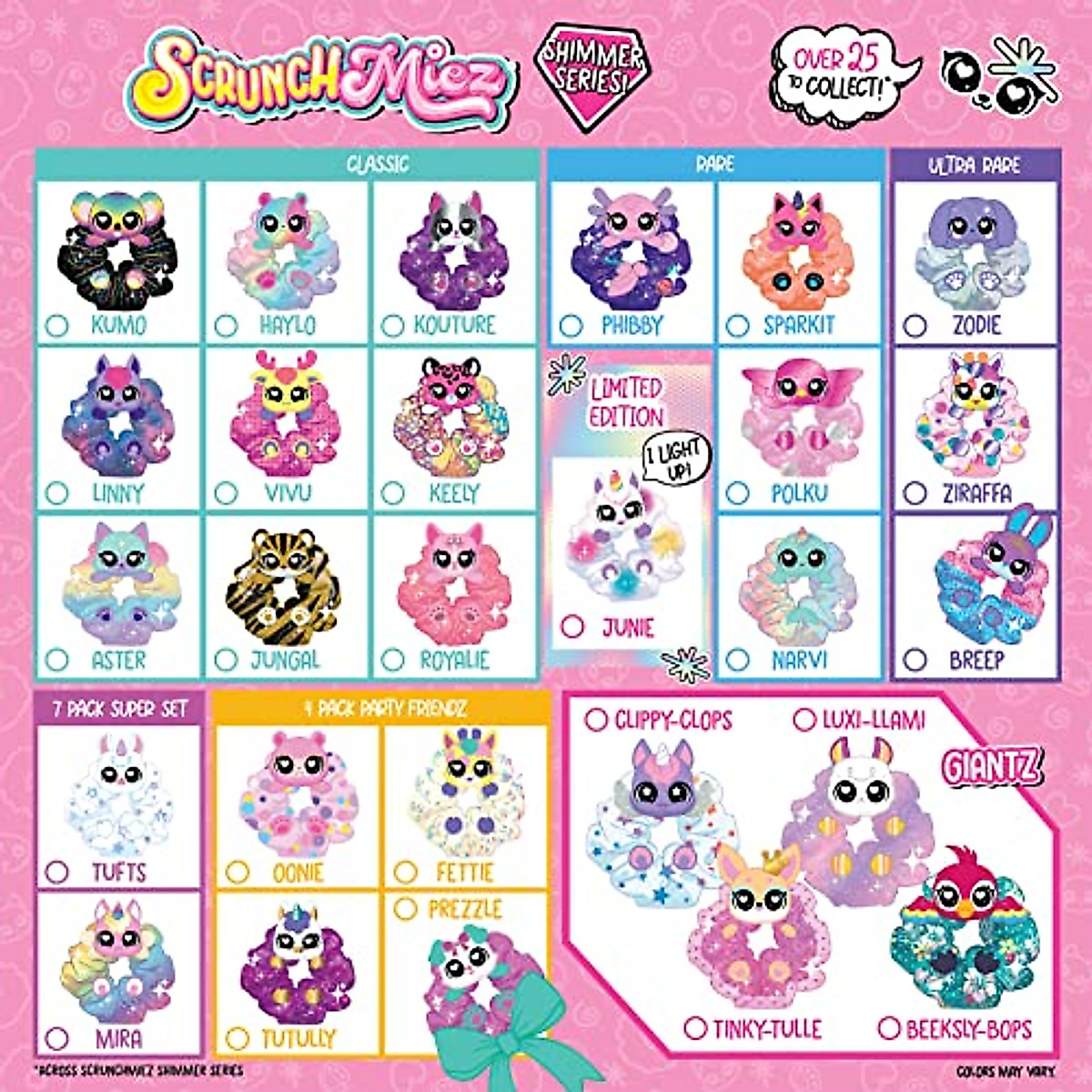 SCRUNCHMIEZ 96553 Seven Pack, Exclusive Magically transforms from Hair Scrunchie to Cute Plush Friend as Well as Backpack Clip. So Many Characters to Collect & wear