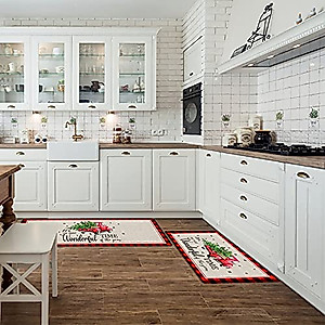 Quote Words 2PC Memory Foam Kitchen Mats Rectangle Water Absorbent Kitchen Rugs, Anti-Wear & Anti-Skid Floor Mat for Sink, Hallway 18x30in+18x48in Rustic Truck Christmas Tree Red Plaid