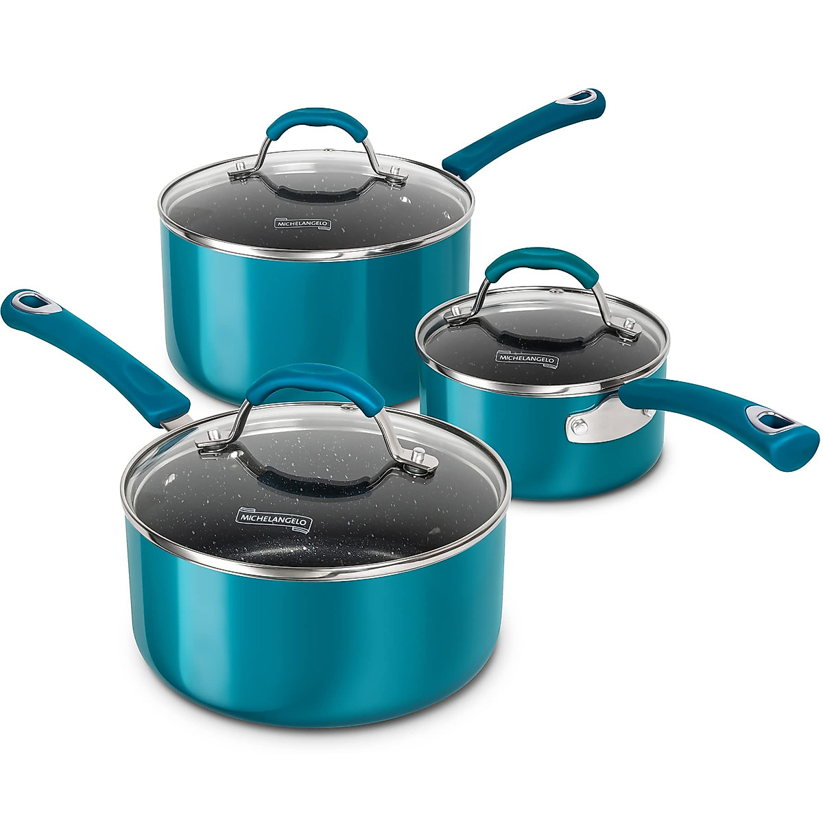 MICHELANGELO Sauce Pan Sets, Enamel Sauce Pan with Lid, 1Qt & 2Qt & 3Qt Saucepans with Lids, Nonstick Saucepan Set, Small Pot with Lid, Non Stick Sauce Pots with Silicone Handle, Oven Safe, Cyan