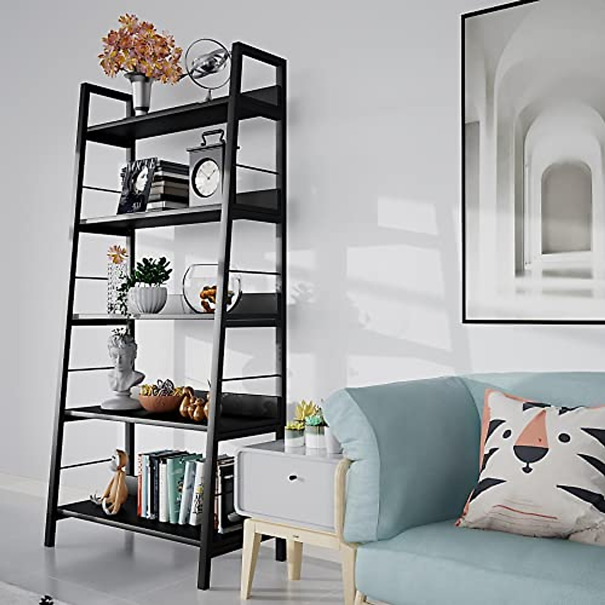 Himimi Ladder Bookshelf Black,Tall Bookcase and Book Shelf 5 Tier Shelves, Industrial Modern Wood Display Shelf Book Case with Metal Frame,Storage Rack Home Office Furniture for Living Room,Bedroom
