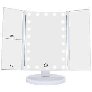 Essbhach Makeup Mirror with Lights, Vanity Desk Mirror 1/2/3/5X Magnifications, 21 LED Trifold Mirror and Touch Screen, 180 Degree Vanity Mirror, Gift for Women, White with Black