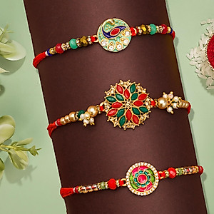 Indotribe 3 Pc Rakhi For Brother And Bhabhi Rakhi for brother Rakhi Set Rakhee for Brother Sister Bracelets Rakhi Gifts For Brother Lumba Rakhi For Bhabhi Rakhi With Roli Chawal Rakhi Sets lumba rakhi