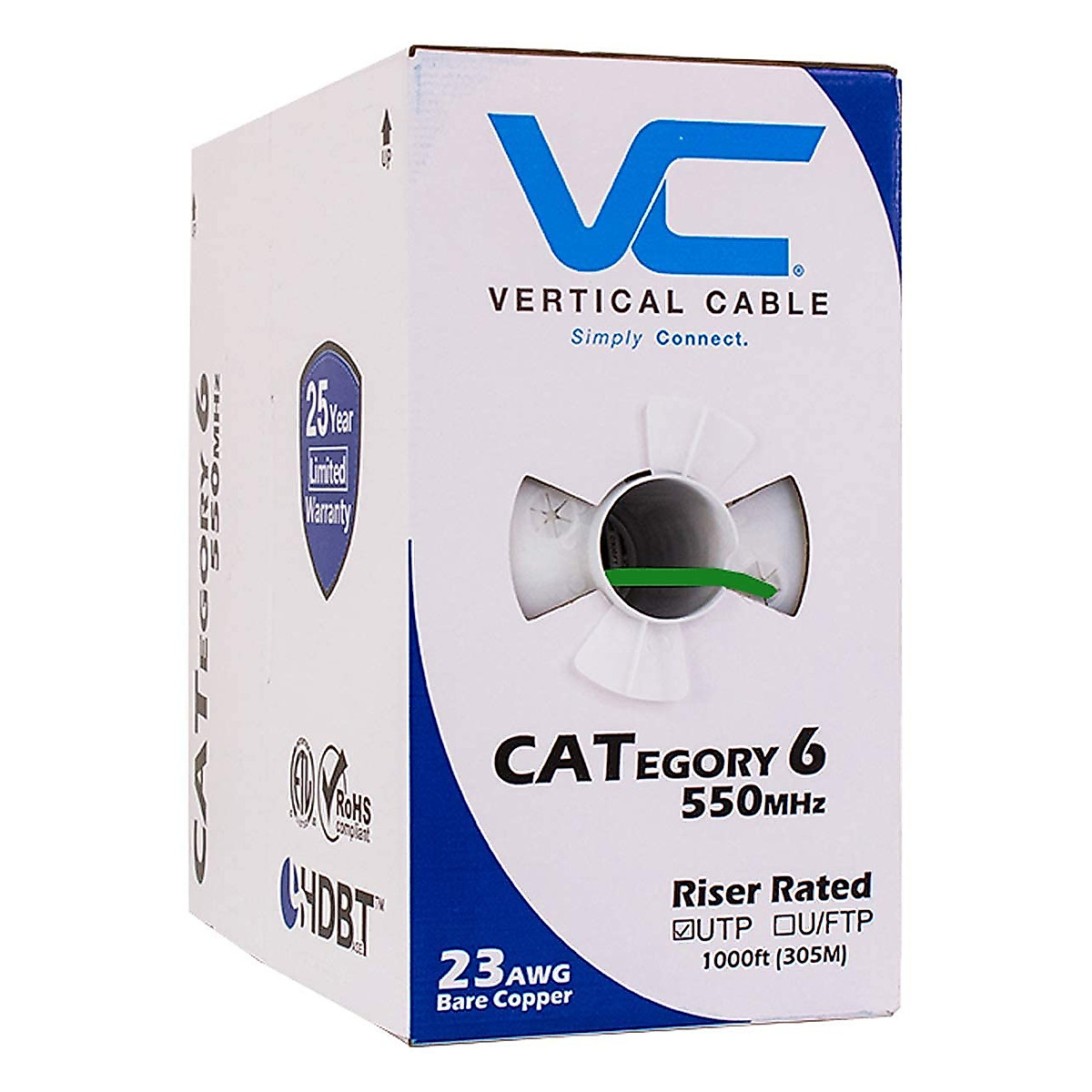 Vertical Cable Cat6, 550 MHz, UTP, 23AWG, Solid Bare Copper,1000ft, Bulk Ethernet Cable - 161 Series, Green
