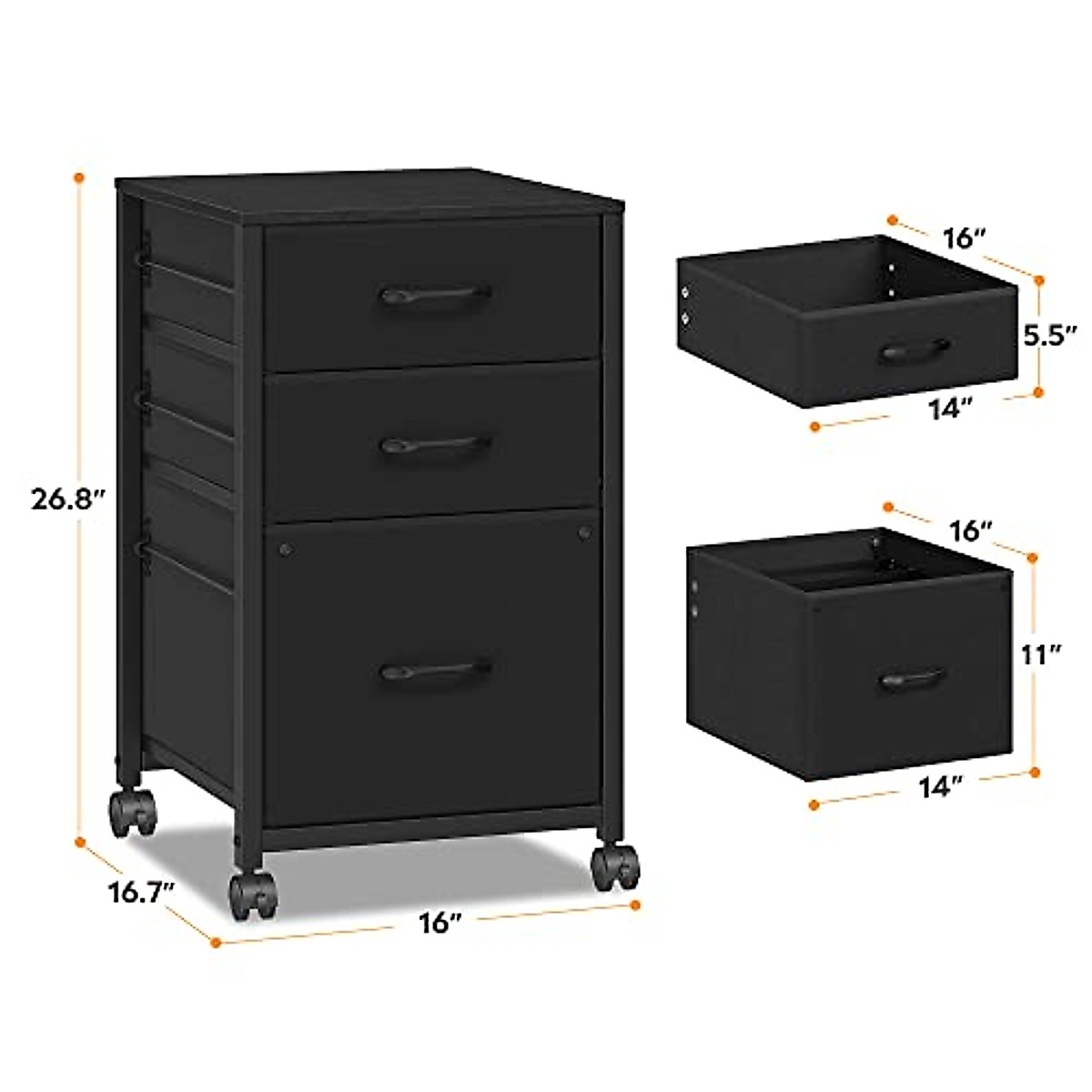 Raybee 3 Drawer File Cabinets for Home Office Small Rolling Filing Cabinets with Wheels fits A4, Letter,Legal Size Office Fabric Vertical Filing Cabinets 16.7" D*16" W*26.8" H Black…