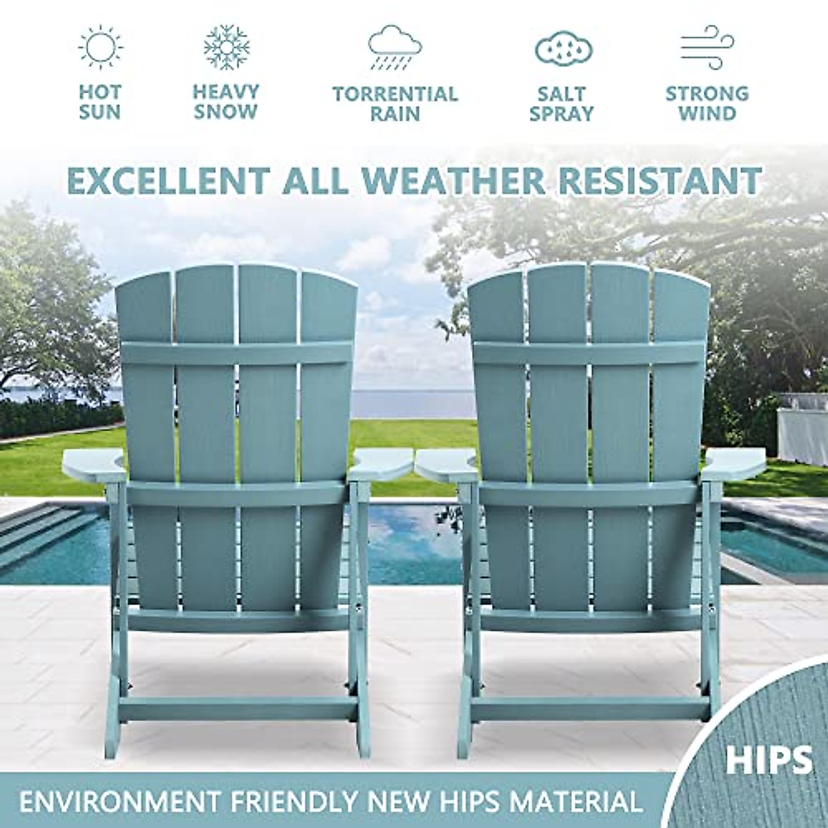 May in Color Plastic Adirondack Chair Outdoor Chair, Hips Weather Resistant Modern Fire Pit Patio Chair, Reclining Tall Large Plastic Adirondack Chair for Backyard,Garden,Pool,Beach,Deck. (2, Blue)