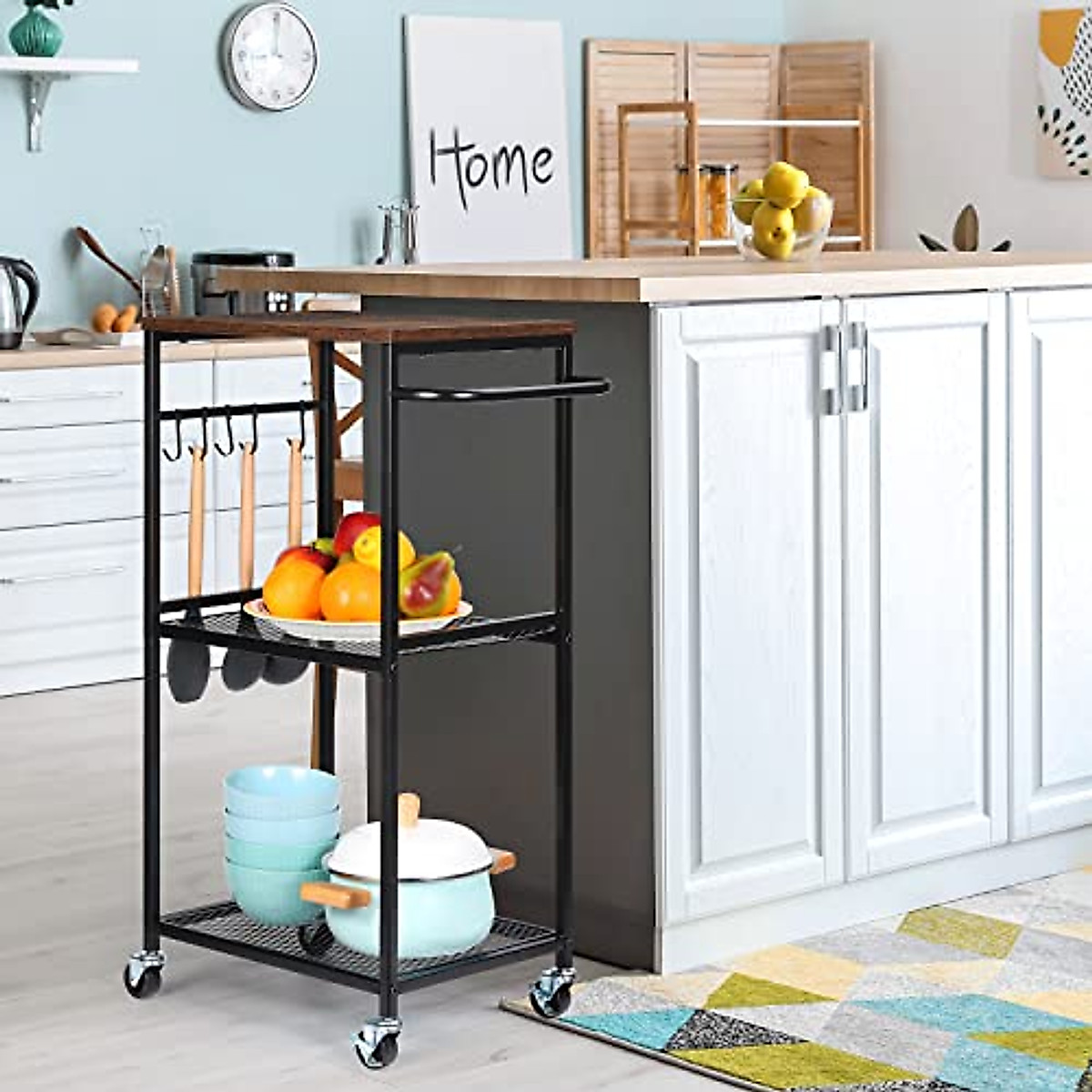 NANANARDOSO Kitchen Cart on Wheels, 3 Tier Mesh Utility Storage Cart, Wood Look Top and Metal Frame Rolling Pantry Cart for Kitchen, Living Room, Laundry Storage, Rustic Brown.