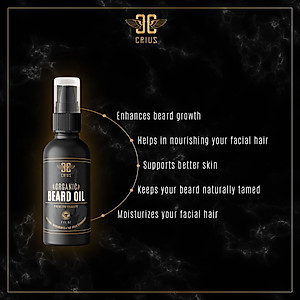 CRIUS COSMETICS Beard Oil For Men with Vitamin E, Almond, Argan, and Jojoba Oil, Enhanced Beard Growth, Soft Facial Hair, Beard and Mustache Moisturiser, Organic, GMP-Certified, Non-GMO, 2 Oz.