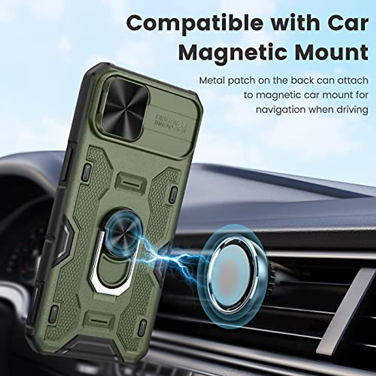 Caka for iPhone 13 Case, iPhone 14 Case with Camera Cover & Kickstand, Built-in 360°Rotate Ring Stand with Camera Lens Protection Magnetic Magnet Protective Phone Case for iPhone 13 iPhone 14-Green
