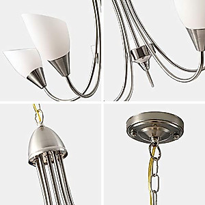 TFCFL Contemporary 5-Light Large Chandelier + Alabaster Glass Shades, Adjustable Chain, for Dining & Living Room, Bedroom, Kitchen and Foyer, Brushed Nickel Finish