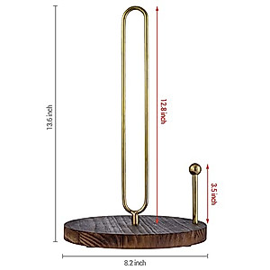 MyGift Modern Brass Tone Metal Countertop Paper Towel Holder with Burnt Solid Wood Base, Hand Paper Towel Roll Dispenser Rack