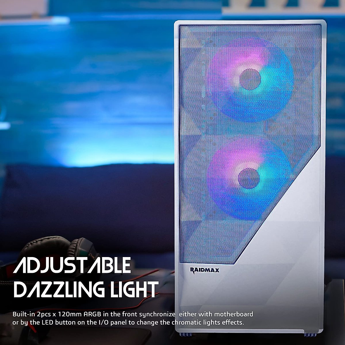 Raidmax Meshian X902 PC Case, Mid-Tower Gaming PC Case with Diamond Mesh Grill, Tempered Glass Side Panel, Pre-Installed Fans Computer Case, ARGB Light, USB 3.0, HD Audio, ATX Case, White