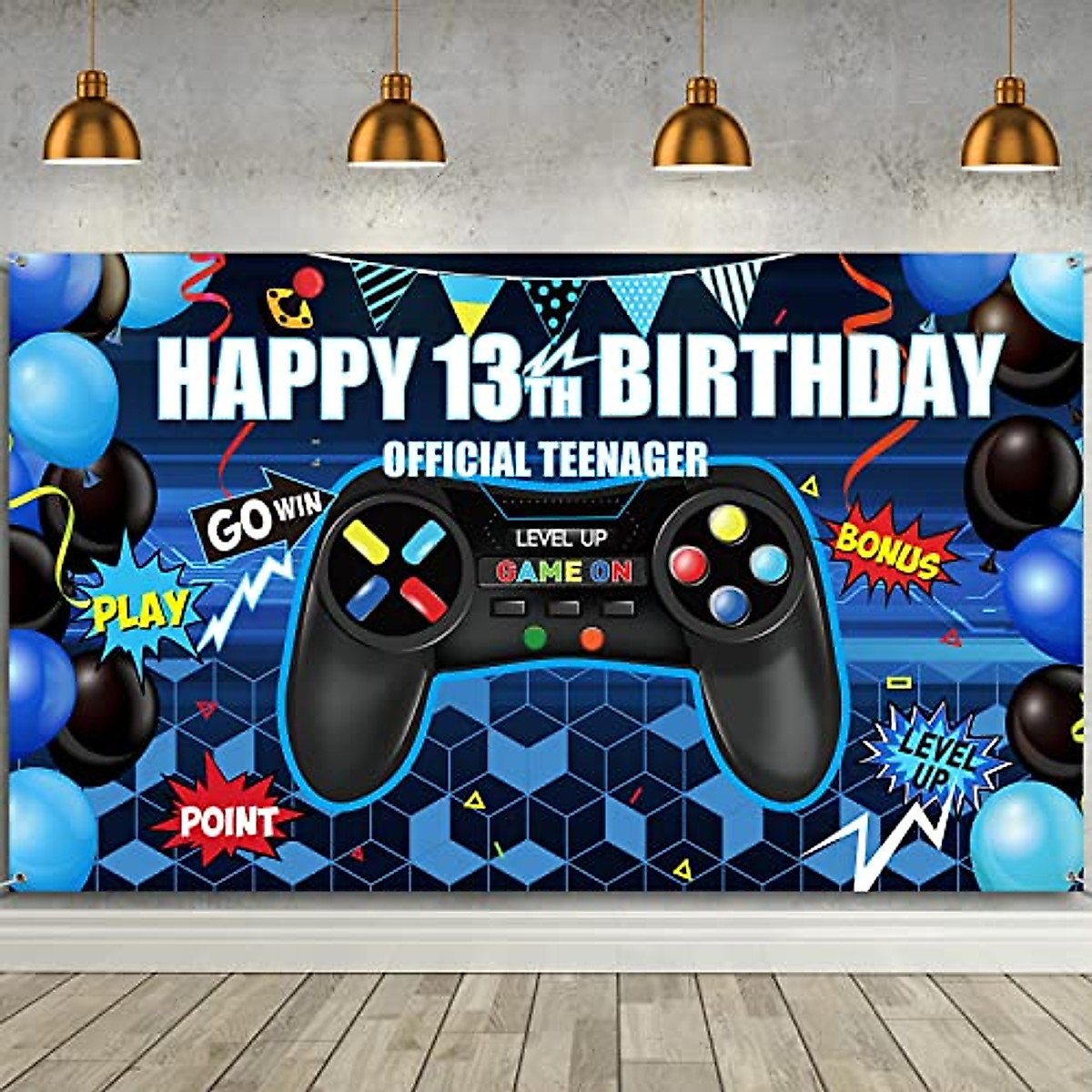 Happy 13th Birthday Video Game Backdrop Banner, Level 13 Up Birthday Background with Game Controller Print Gaming Theme for Photography, Photo Props, Video Game Party Wall Decoration (Blue)