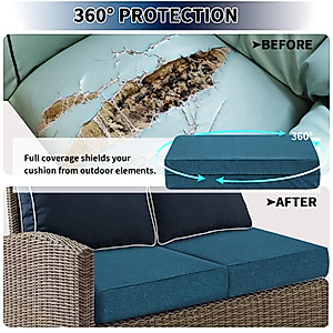PureFit Waterproof Outdoor Cushion Covers Replacement for Patio Furniture Chair Seat Cushion Covers 24x22 inch for Outdoor Furniture Garden Backyard with Zipper, 4 Pack SLIPCOVERS ONLY, Teal