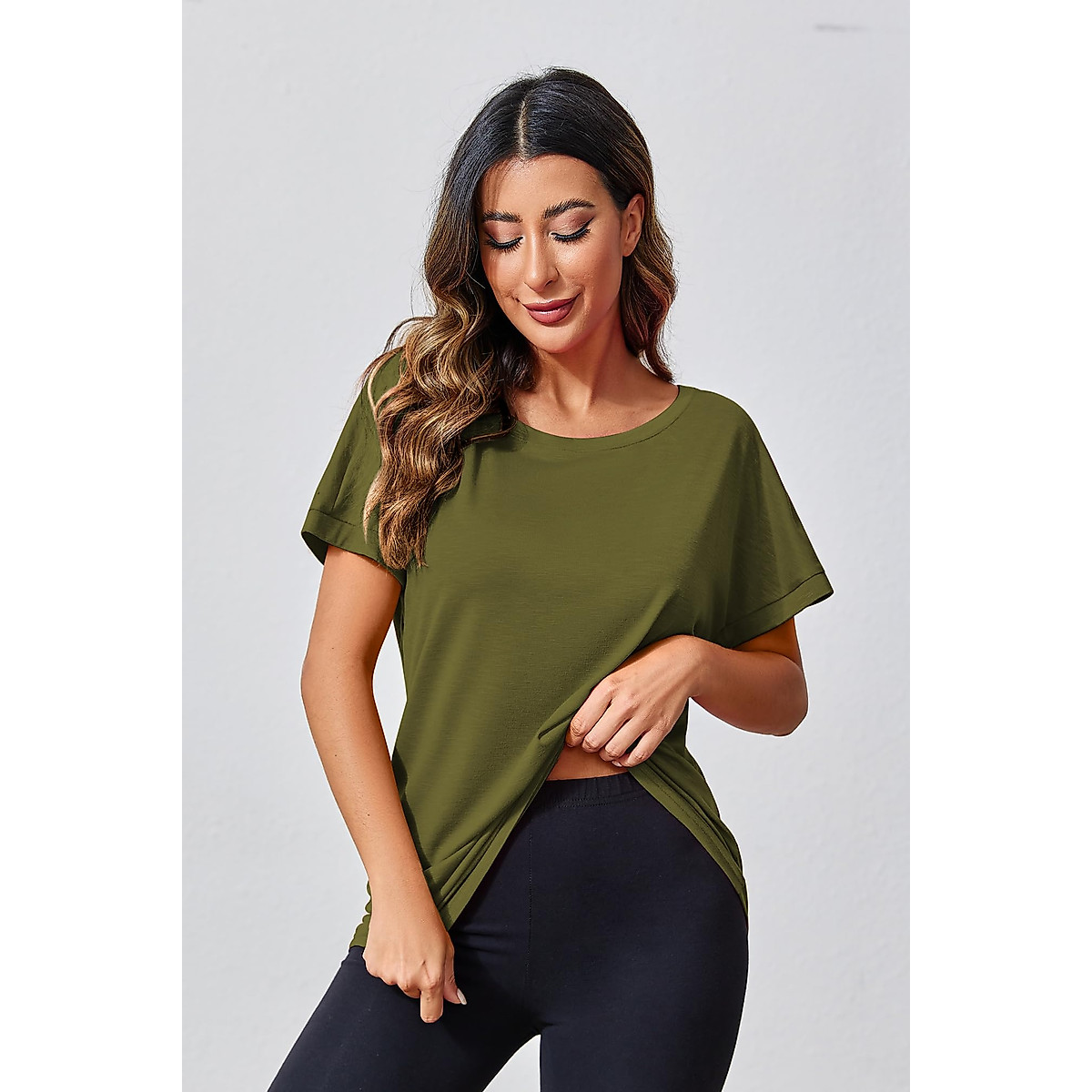 MIRACMODA Women's Open Back Athlete Loose Fitting Workout Casual Yoga T-Shirt Summer Gym Tee Army Green