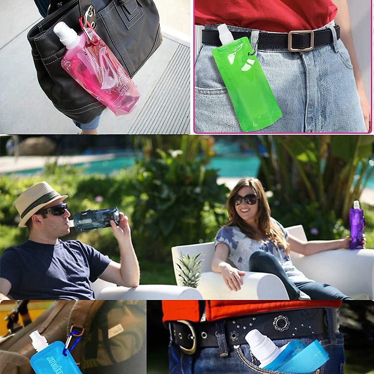 TOPYUEYILIYI 4pcs Foldable Sports Bottle Plastic Water Bag 500ml Collapsible Drink Pouches Bags with Clip Reusable Foldable Plastic Water Bag for Outdoor Sports Biking Hiking Trave
