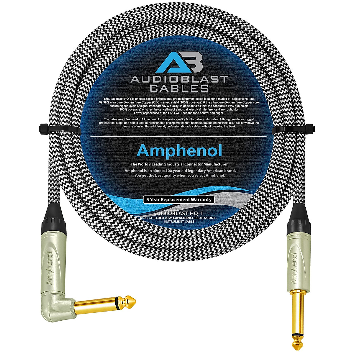 AUDIOBLAST CABLES 12 Foot - Audioblast HQ-1-BRAID (Black+White)Flexible, Shielded - Guitar Bass Instrument Cable w/Amphenol Q-Series Angled & Straight Gold TS Plugs