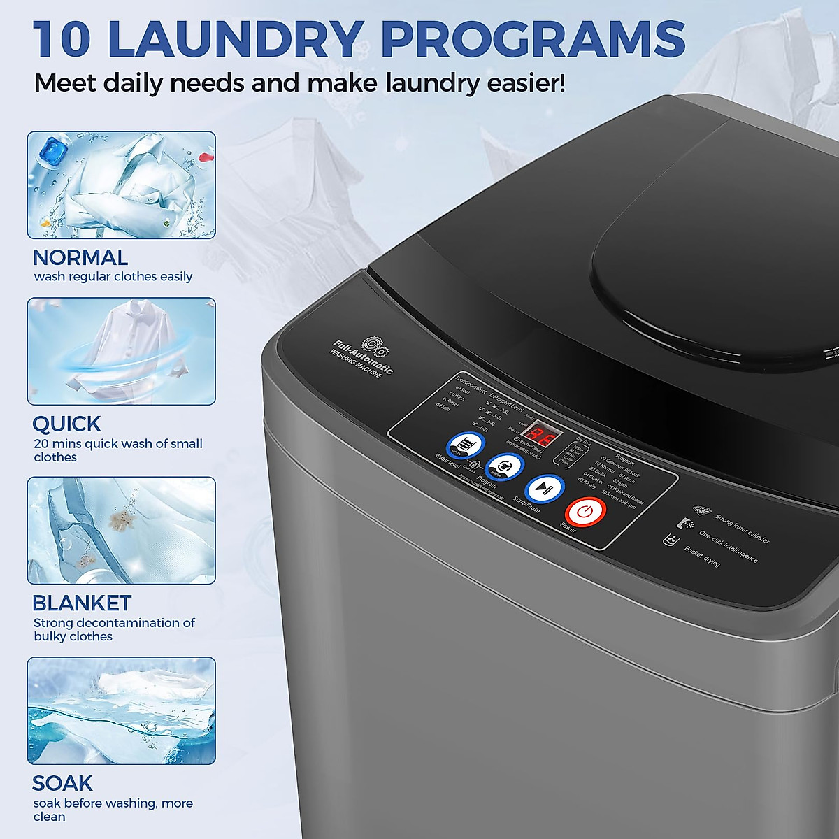 Nictemaw Portable Washing Machine 20Lbs Portable Washer Machine with Drain Pump, 2.8 Cu.ft Compact Washer with 10 Programs 8 Water Levels Small Washing Machine for Apartment, Home, Dorms, Rv