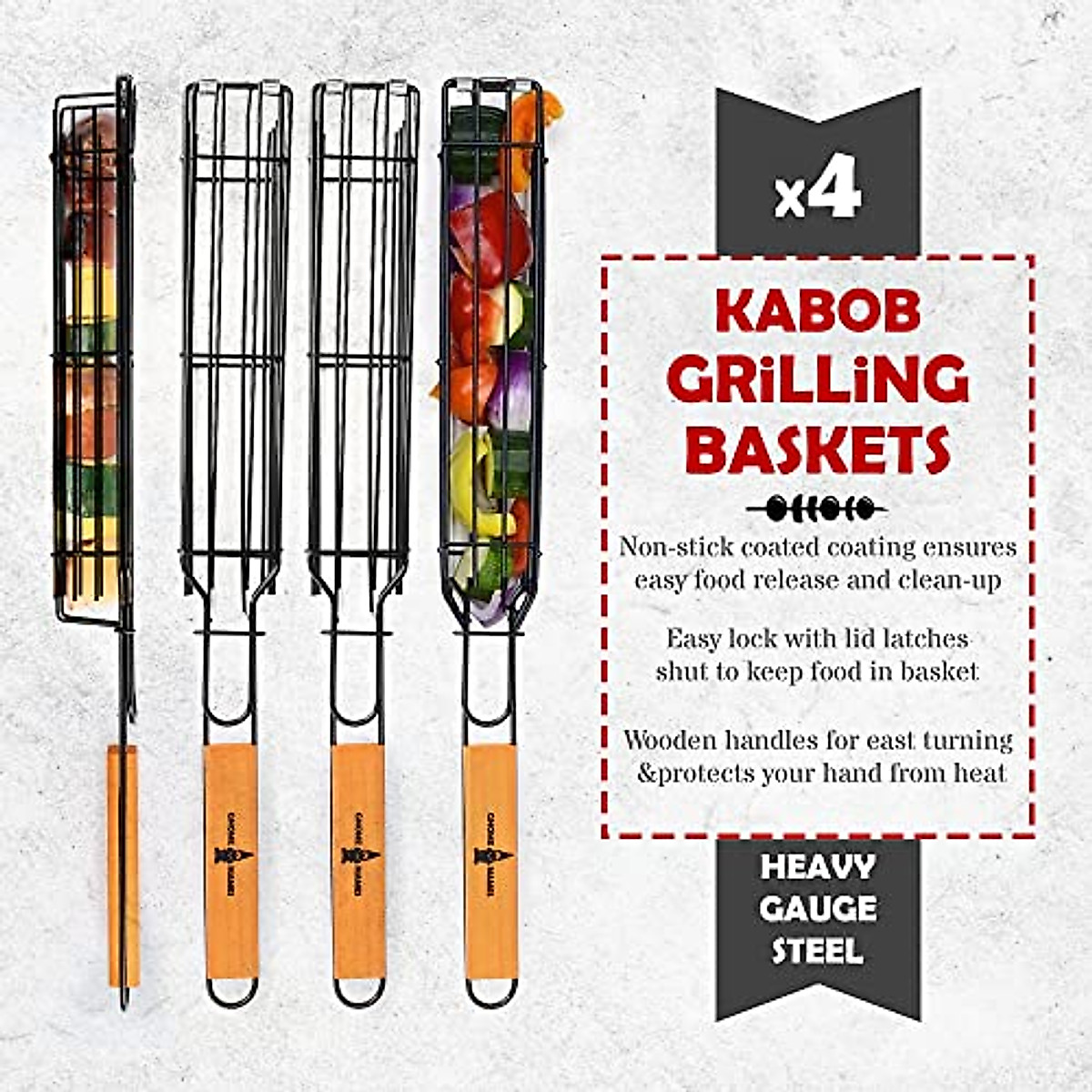 Gnome Mames Kabob Grilling Baskets - Set of 8 Large BBQ & Veggie Grill Baskets + Stainless Steel Skewers - Silicone Basting Brush - Easy Vegetable & Meat Removal with No Mess Slider - Basket Lid Holds Ingredients- Gifts For Father, Dad, or Husband-BBQ Gri
