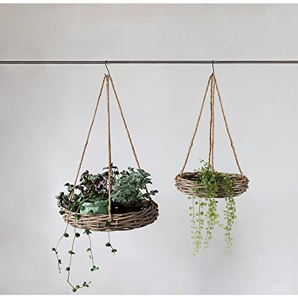 Creative Co-Op Hand-Woven Rattan Rope Hangers, Set of 2 Hanging Basket, 22" L x 22" W x 5" H, Gray