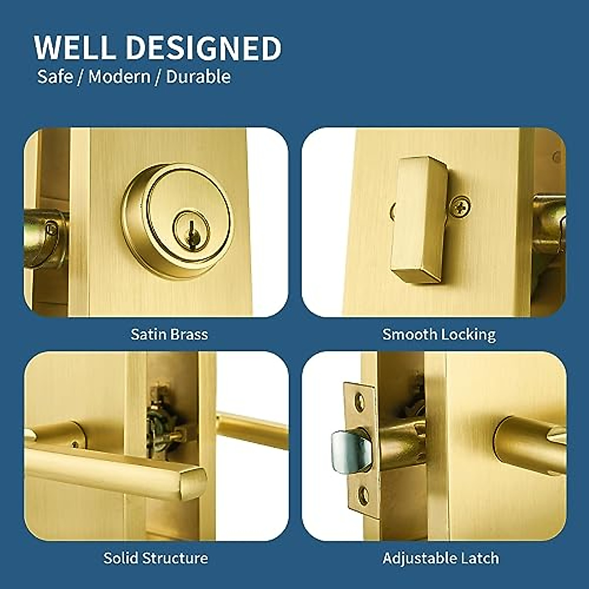 SNBTLA Satin-Brass Front Door Handle - Modern Entry Door Lock Set with Deadbolt,Exterior Door Lever 3 Keys for Left & Right Hand Door (Satin Brass)