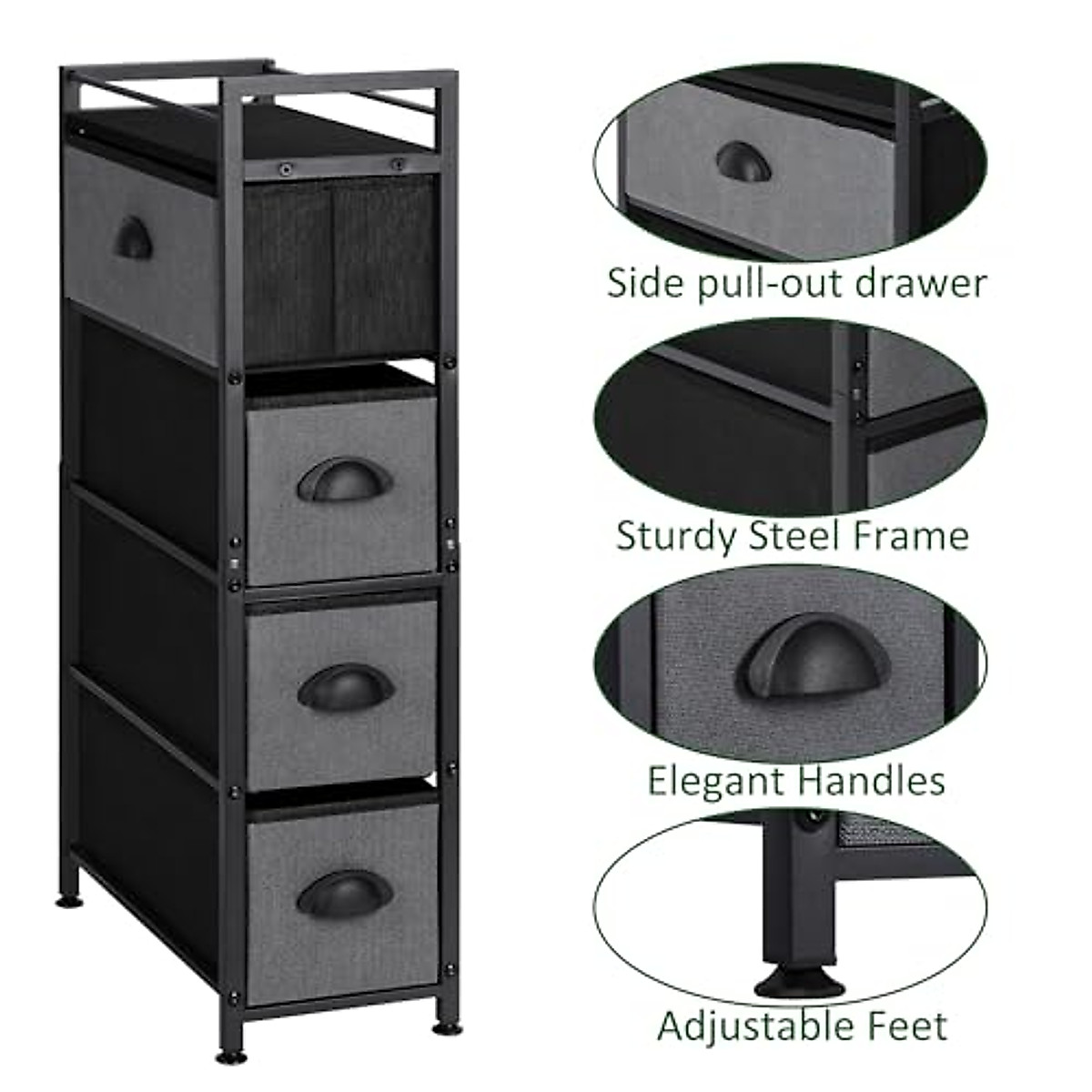 Narrow Dresser - 4 Drawers Slim Fabric Storage Cabinet - Vertical Standing Storage Chest - Gaps Tower Organizer with Removable Drawers and Wooden top for Laundry,Living Room,Entryway (Black_Side pull)